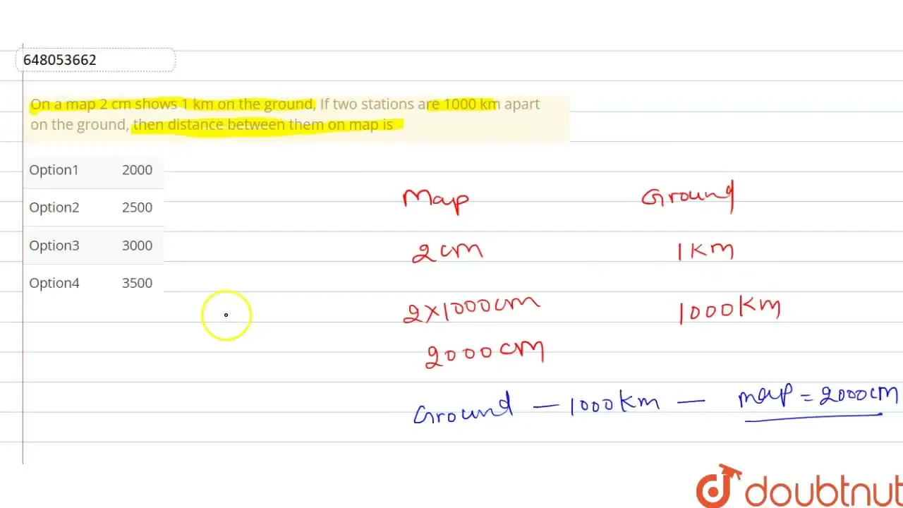 On a map 2 cm shows 1 km on the ground, If two stations are 1000 km ap