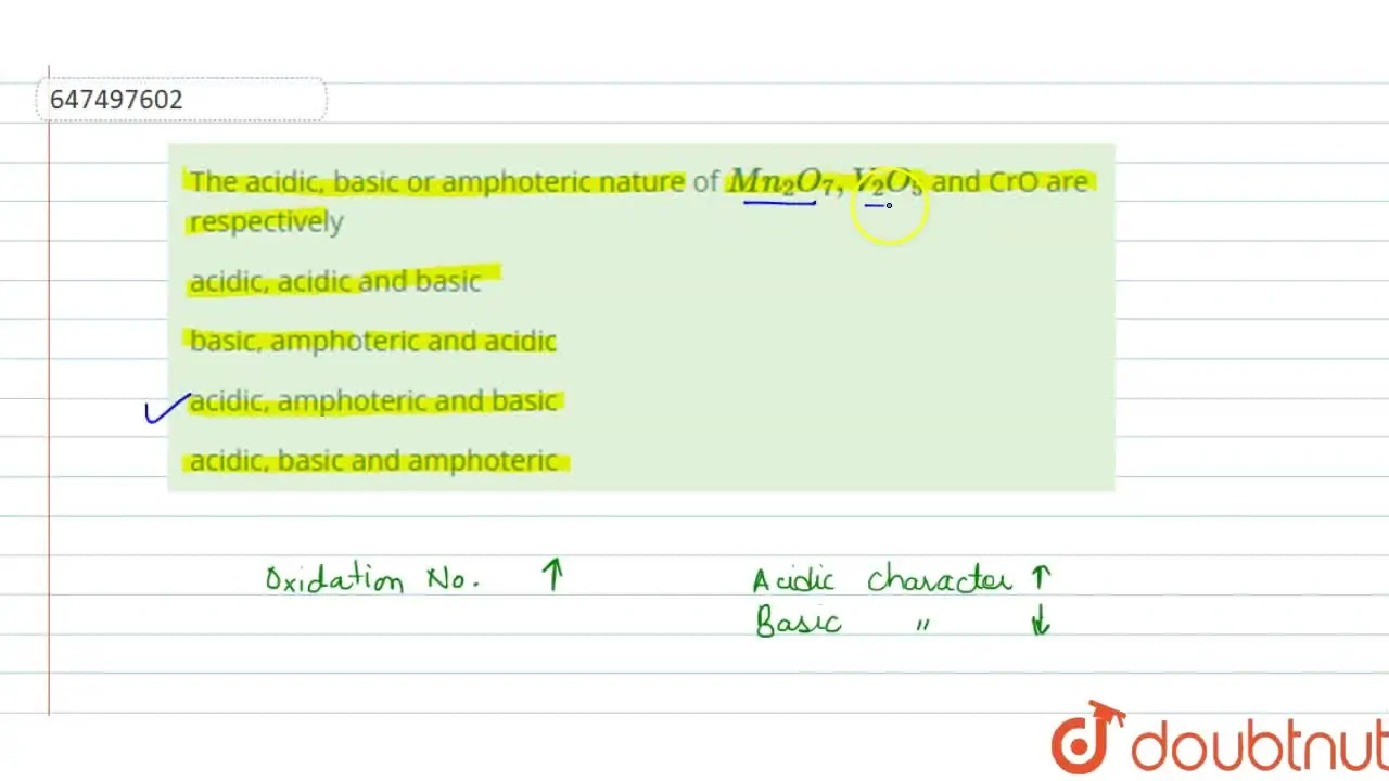 [Punjabi] The acidic, basic or amphoteric nature of Mn2O7, V2O5 and Cr
