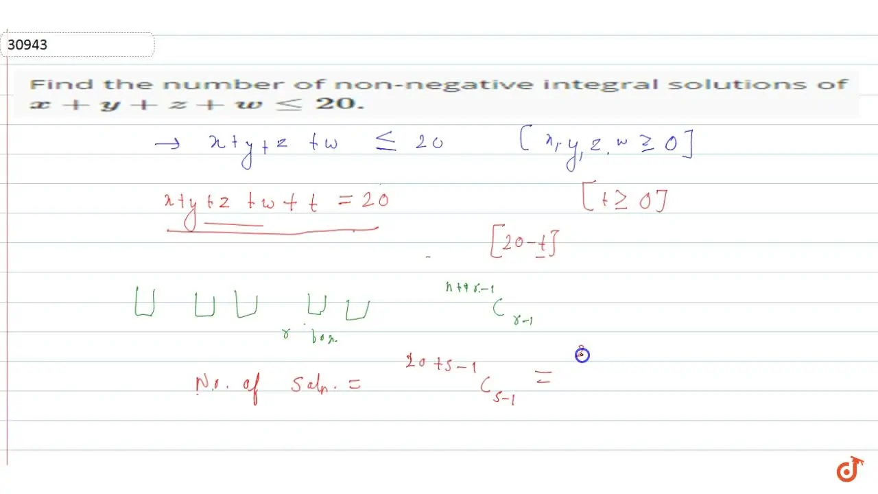 Find the number of non-negative integral solutions of x+y+z+wlt=20.