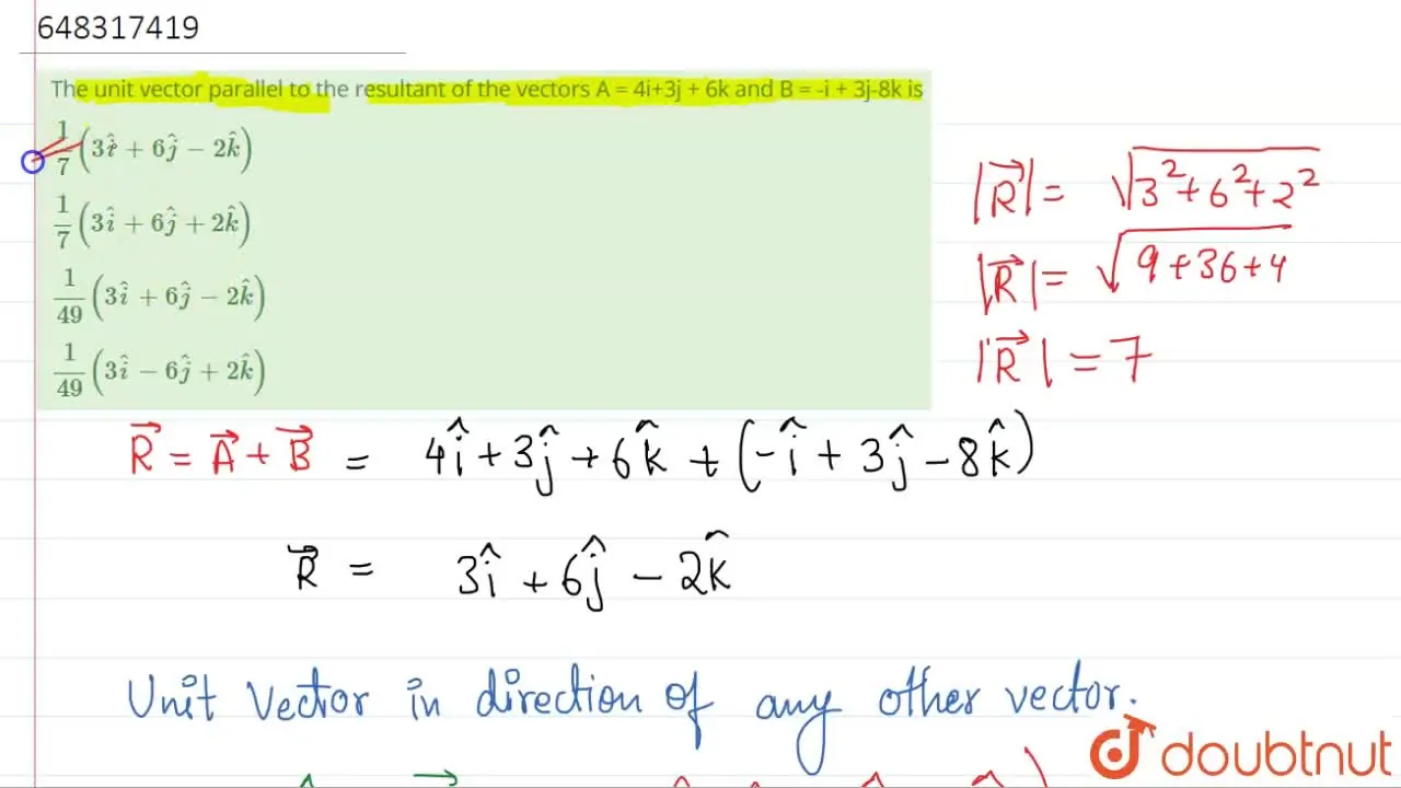 The unit vector parallel to the resultant of the vectors A = 4i+3j + 6