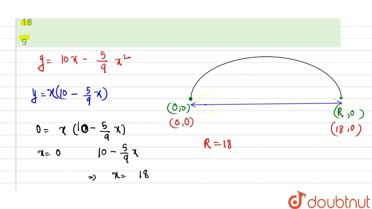 The equation of trajectory of a projectile is y=10x-(5/9)x^(2). If we