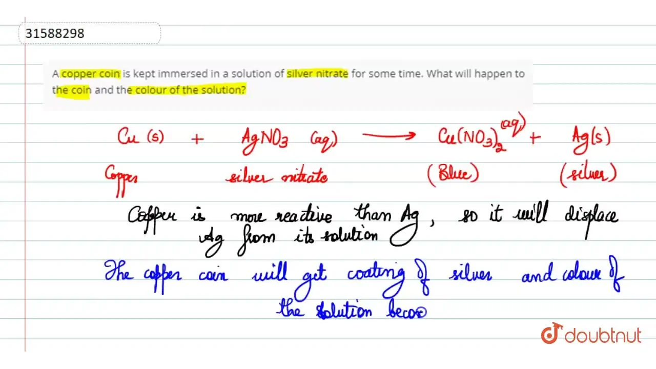 A copper coin is kept immersed in a solution of silver nitrate for som