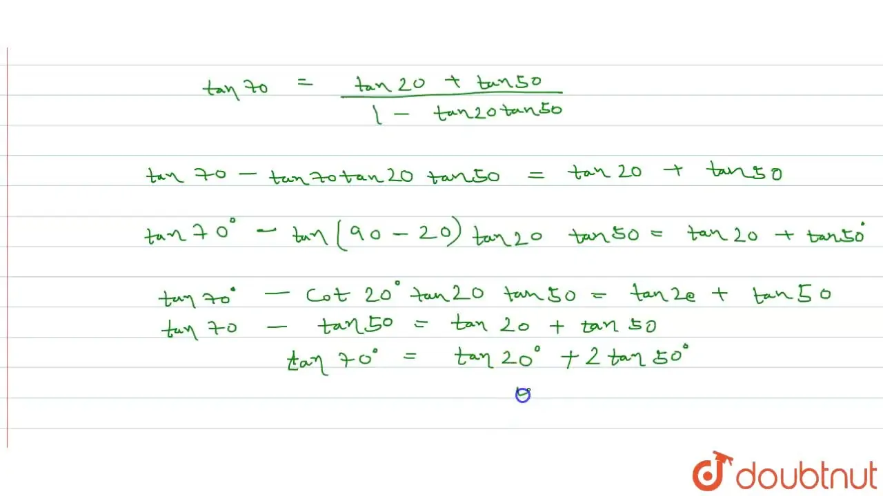 Prove that tan 70^(@) = "tan " 20^(@) + 2"tan " 50^(@)