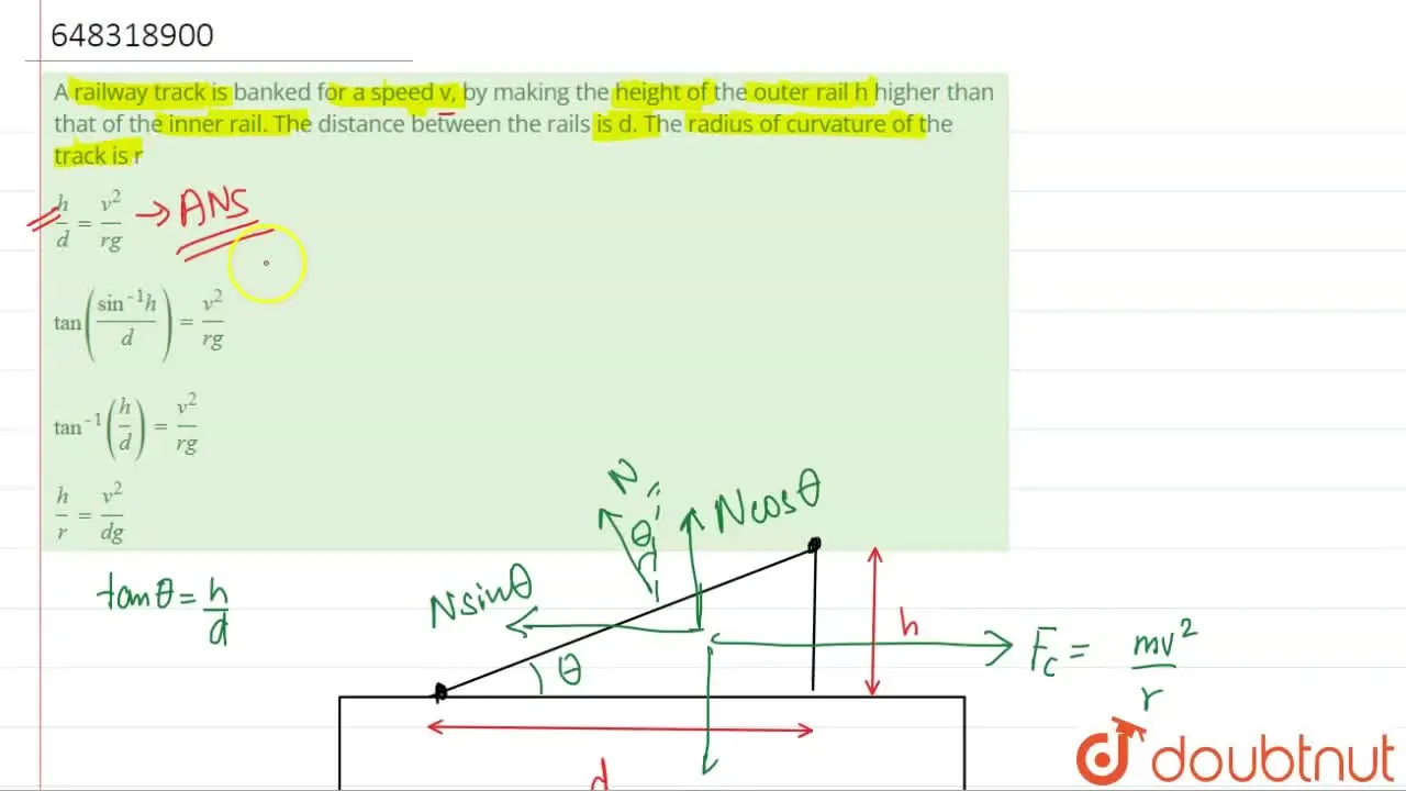 A railway track is banked for a speed v, by making the height of the o