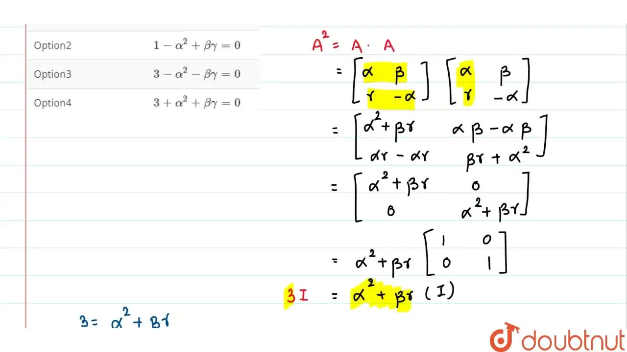 Given that A=[(alpha, beta),(gamma, - alpha)] and A^2 =3 I then