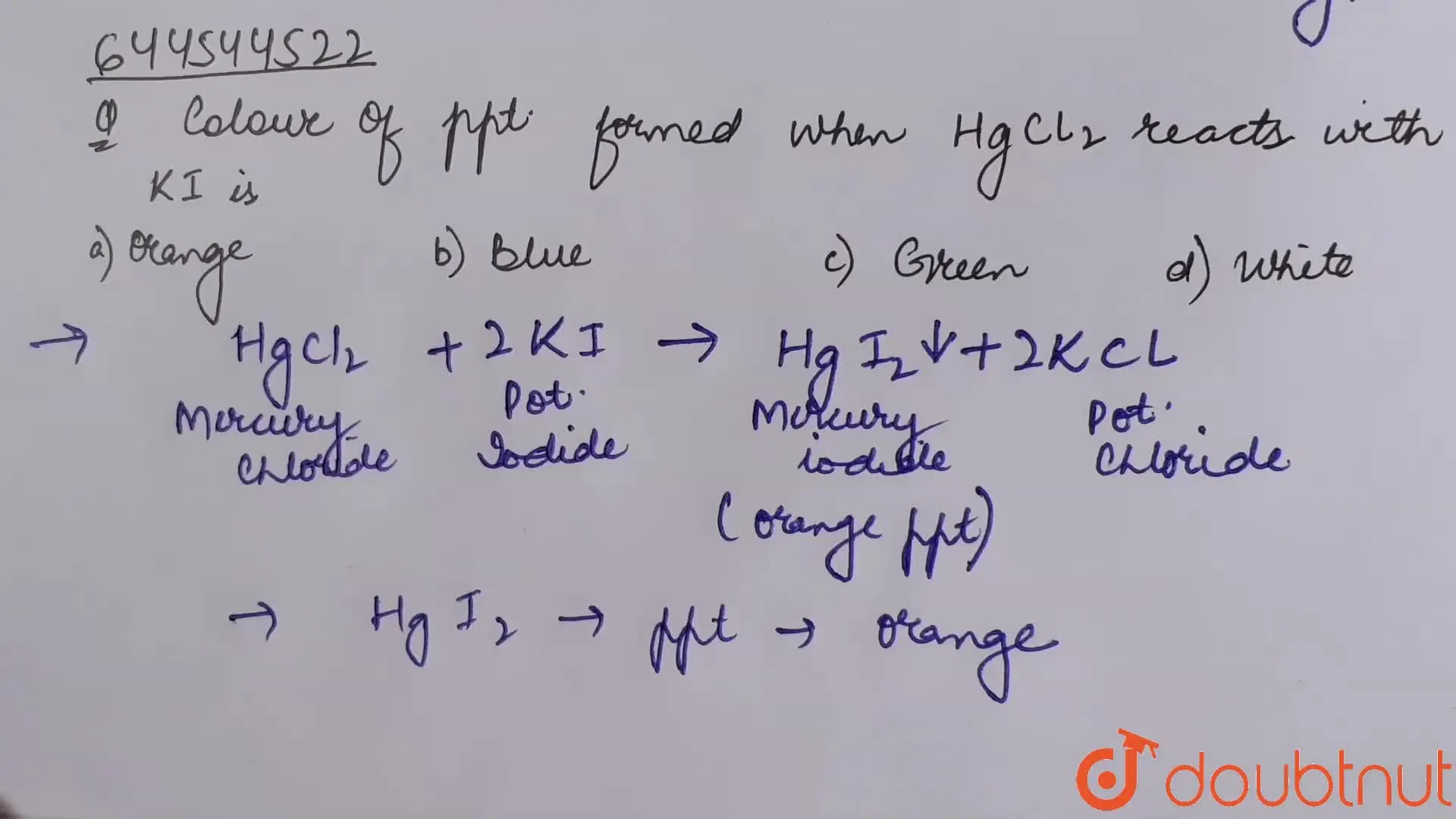 Colour of ppt formed when HgCl(2) reacts with KI is