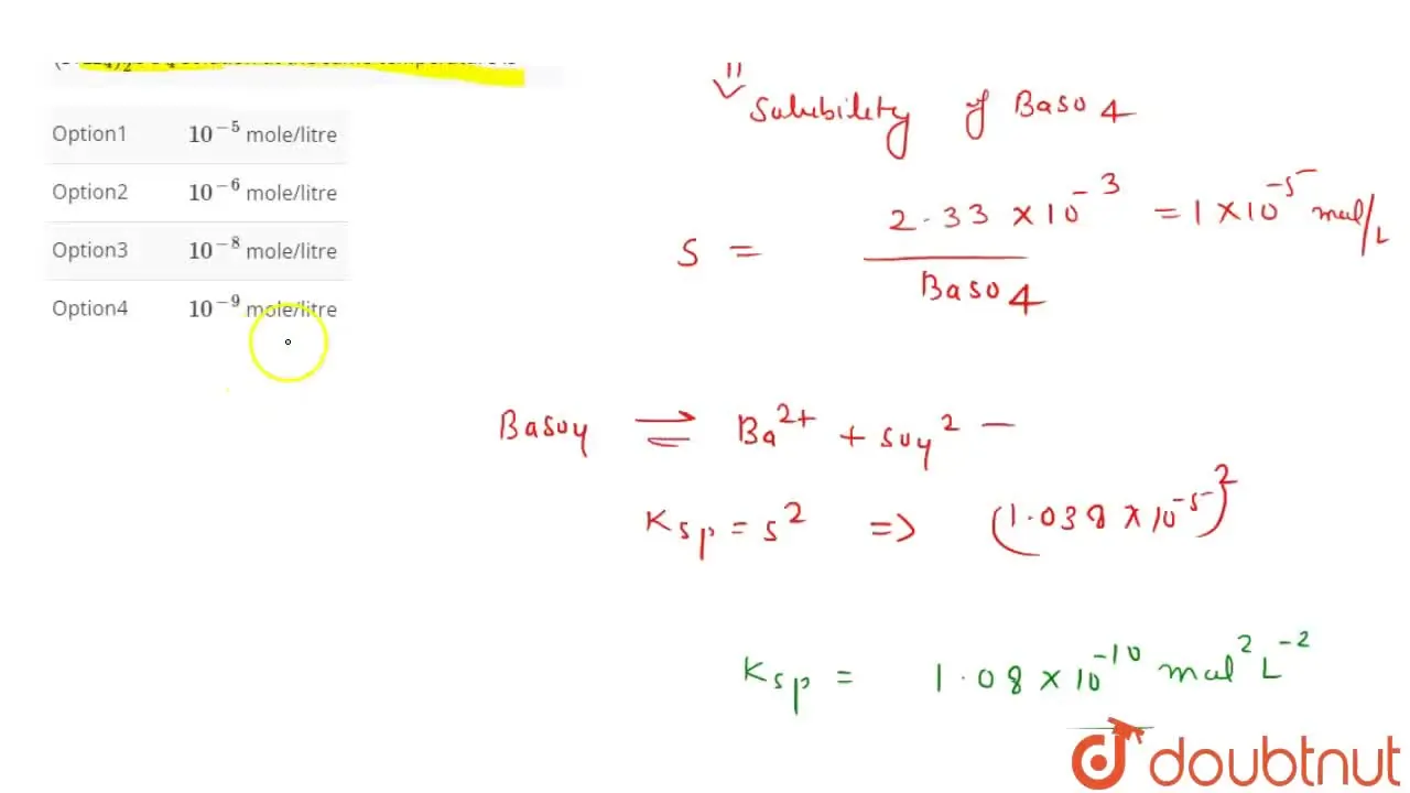 The solubility of BaSO4 in water is 0.00233 g per litre at 30^@C. The
