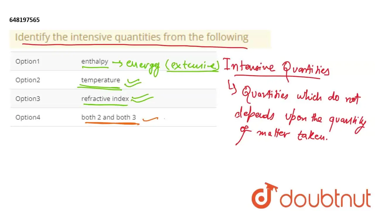 Identify the intensive quantities from the following