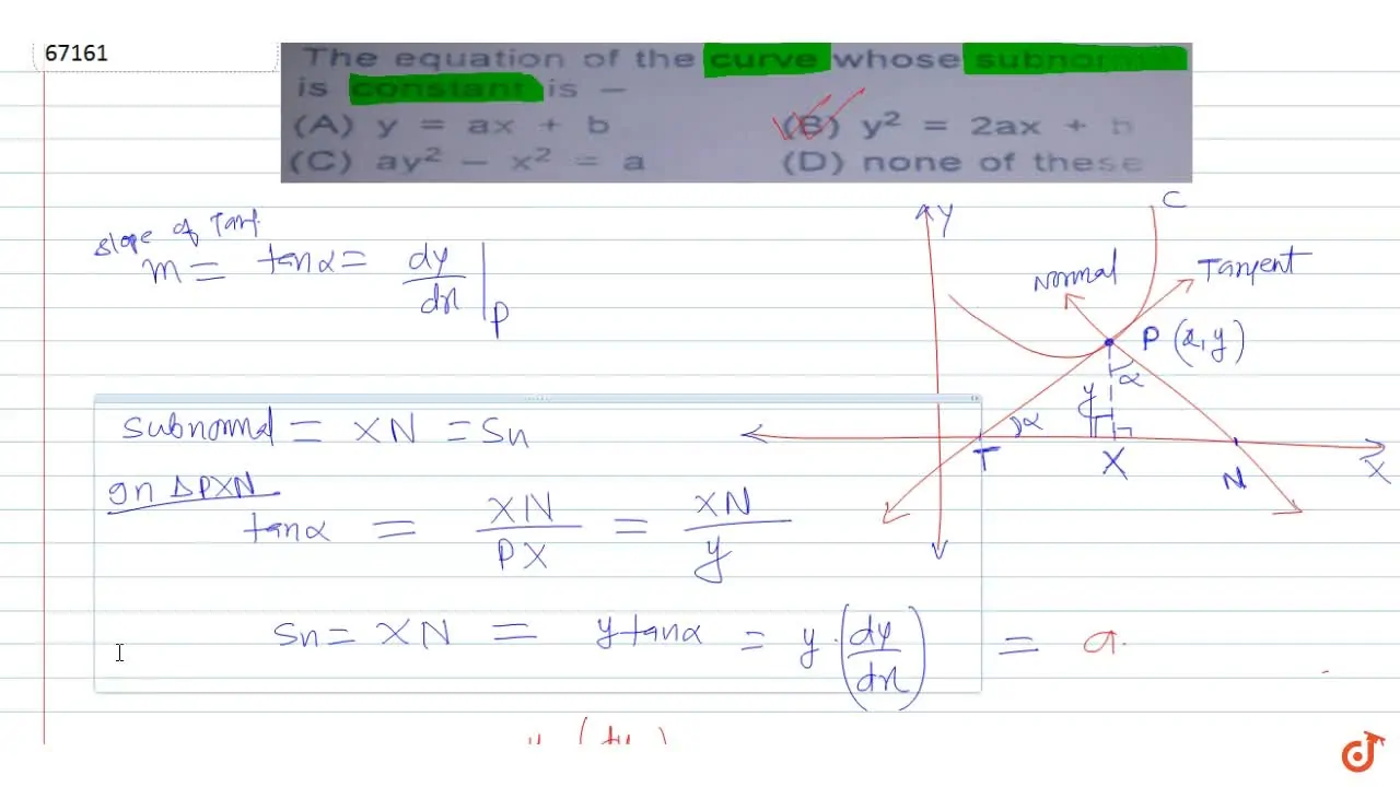 The equation of the curve whose subnormal is constant is