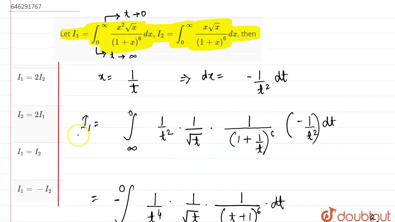 [Bengali] Let I(1)=int(0)^(oo)(x^(2)sqrtx)/((1+x)^(6))dx,I(2)=int(0)^(