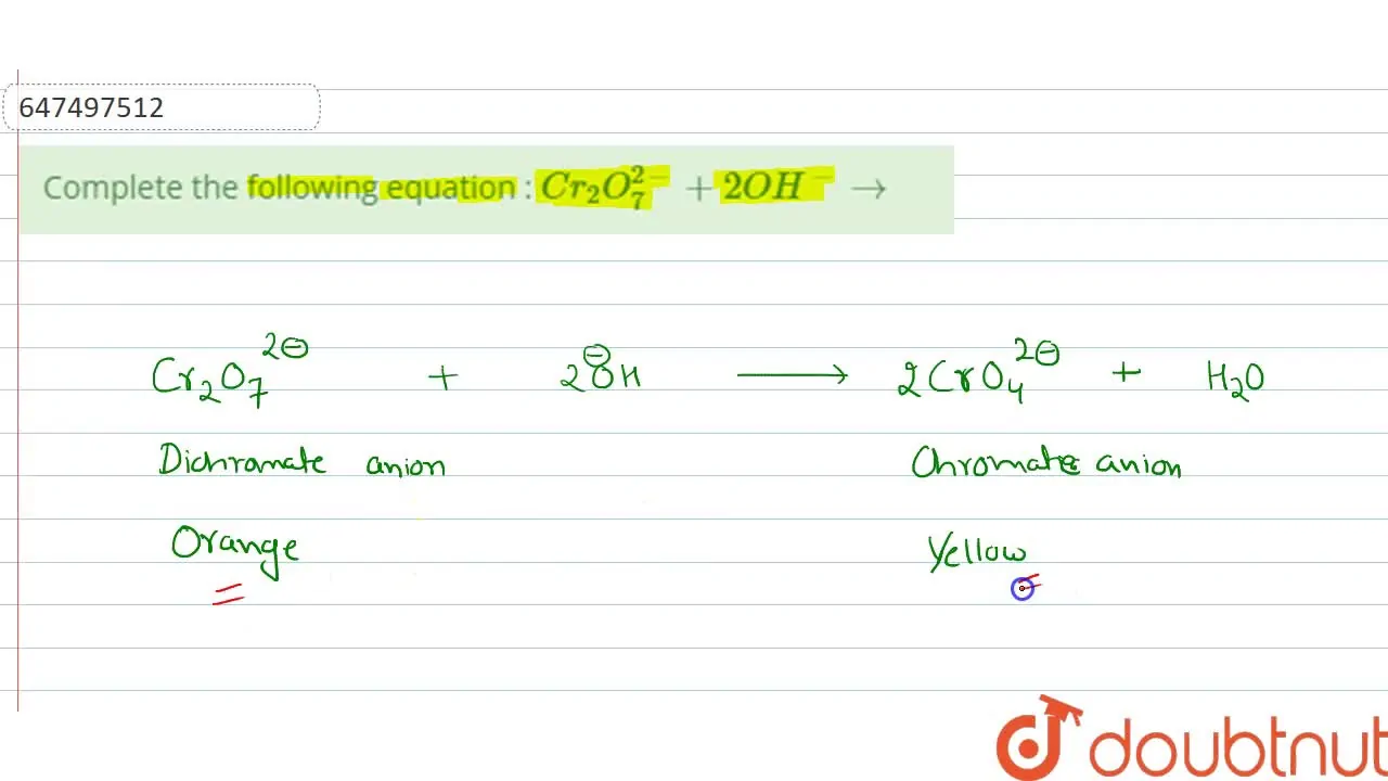 [Punjabi] Complete the following equation : Cr2O7^(2-)+2OH^(-) rarr