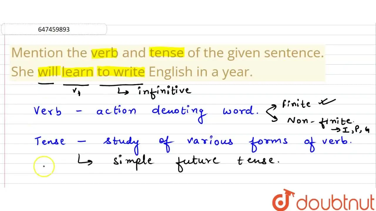Mention the verb and tense of the given sentence. She will learn to wr