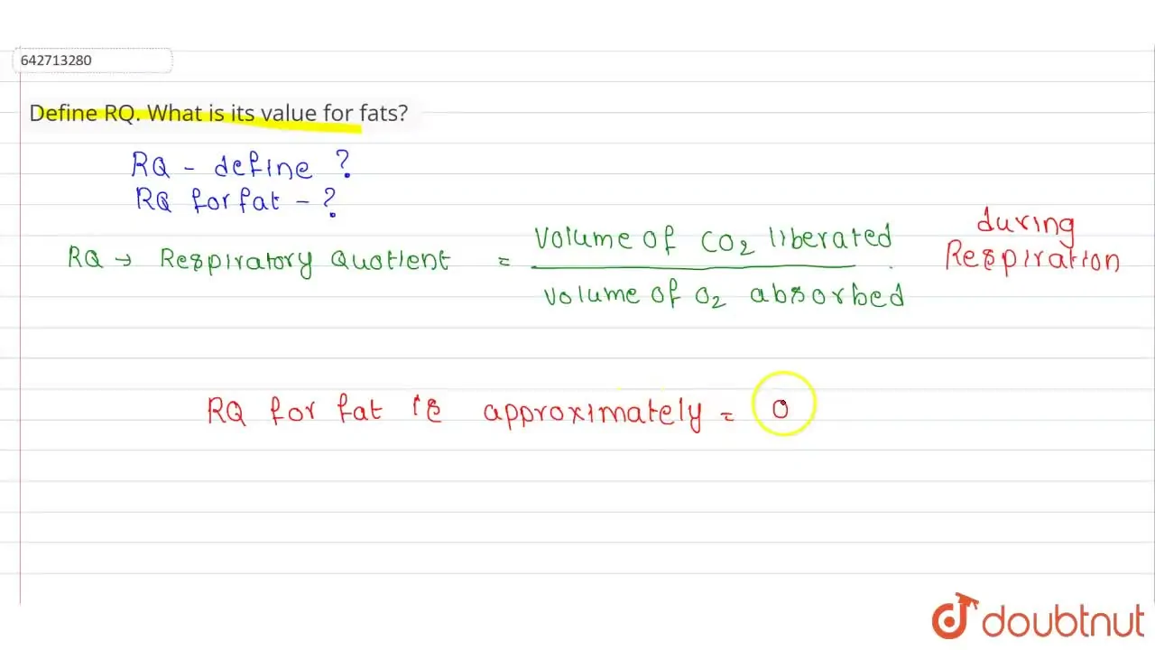 [Telugu Solution] Define RQ. What is its value for fats?
