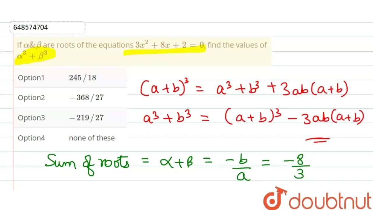 If alpha&beta are roots of the equations 3x^(2)+8x+2=0, find the value