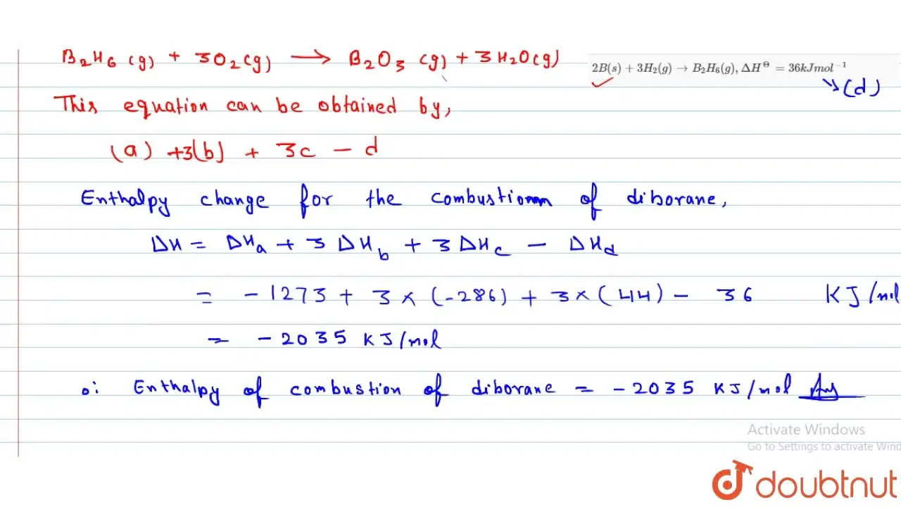 Diborane is a potential rocket fuel that undergoes combustion accordin