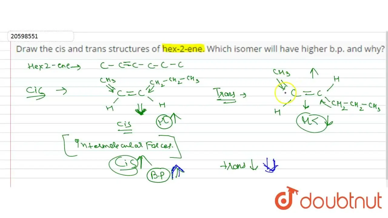 Draw the cis and trans structures of hex-2-ene. Which isomer will have