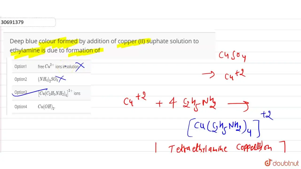 Deep blue colour formed by addition of copper (II) suphate solution to