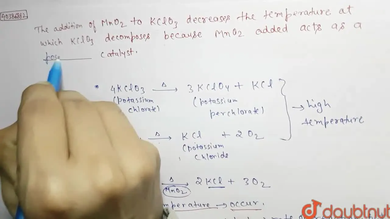 The addition of MnO2 to KClO3 decreases the temperature at which KClO3