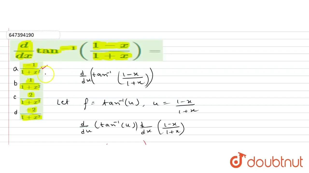 [Gujrati] (d)/(dx)tan^(-1)((1-x)/(1+x))=