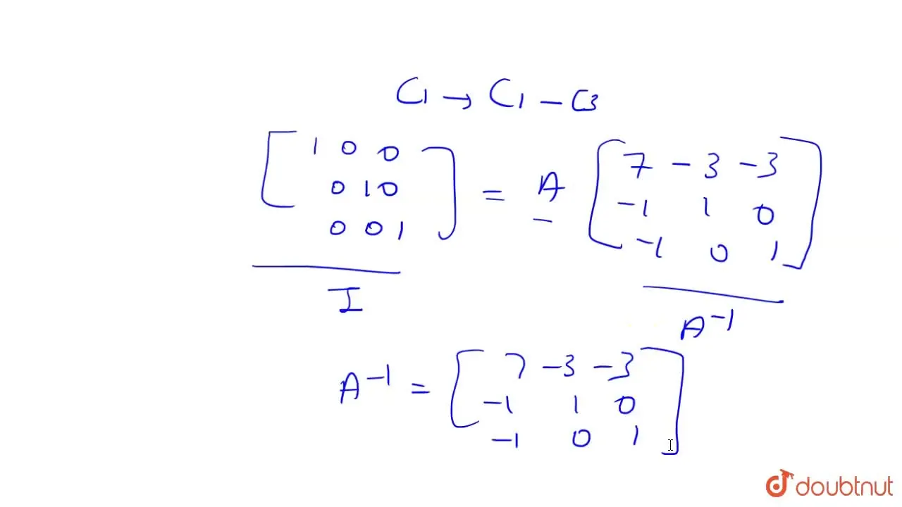 Find the inverse of the matrix A=[{:(1,3,3),(1,4,3),(1,3,4):}] by