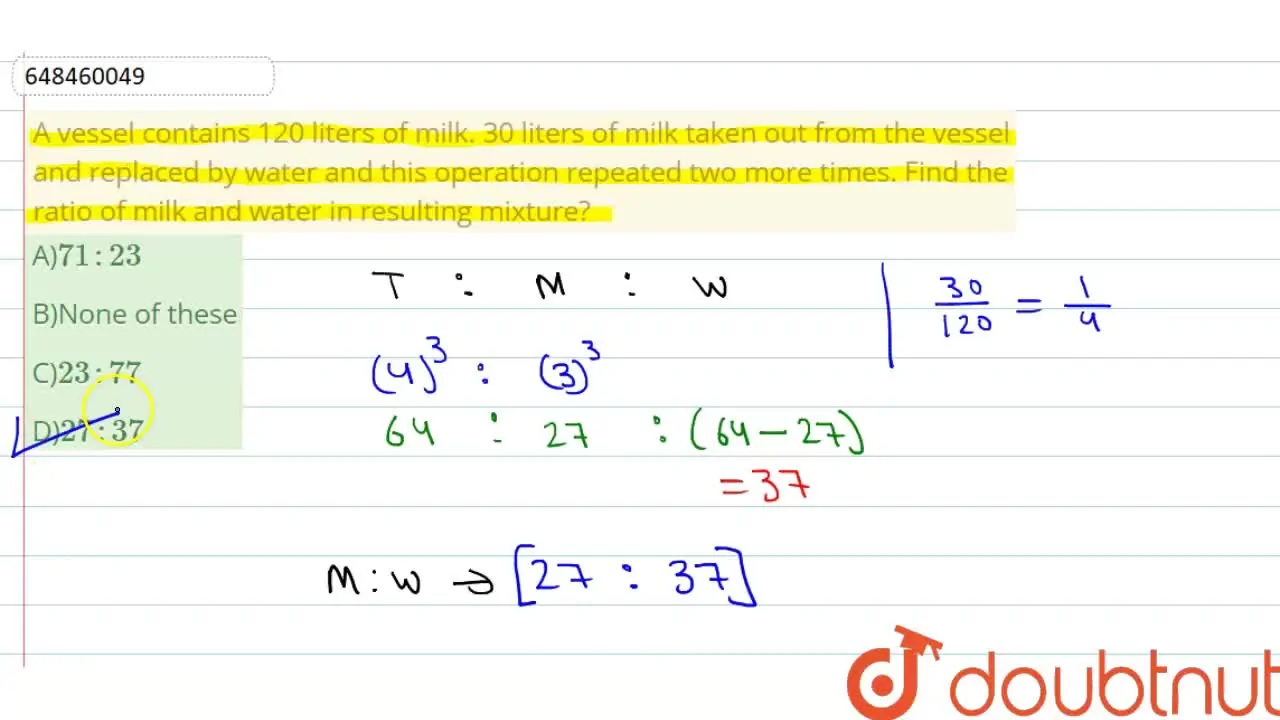 A vessel contains 120 liters of milk. 30 liters of milk taken out from