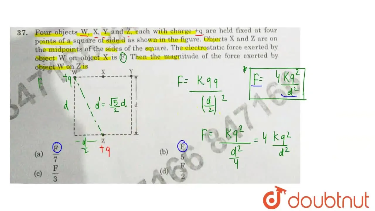 Four objects W, X, Y and Z each with charge +q are held fixed at four