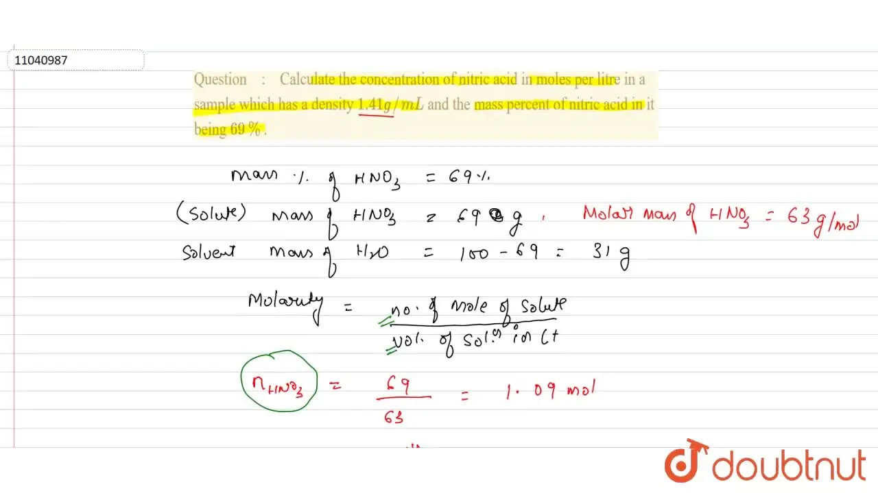 Calculate the concentration of nitric acid in moles per litre in a sam
