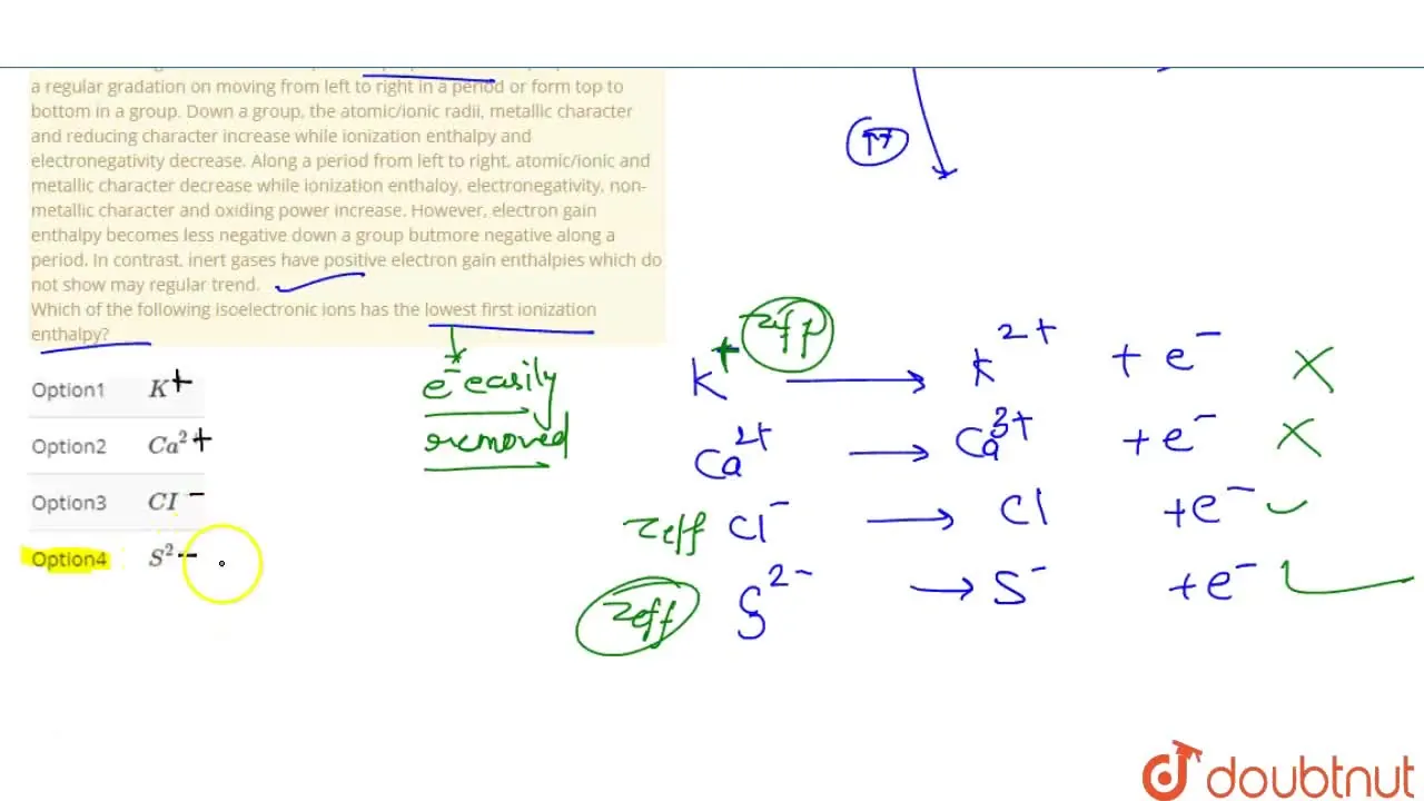 The properties of the elements (atomic/ionic radii, electron gain enth