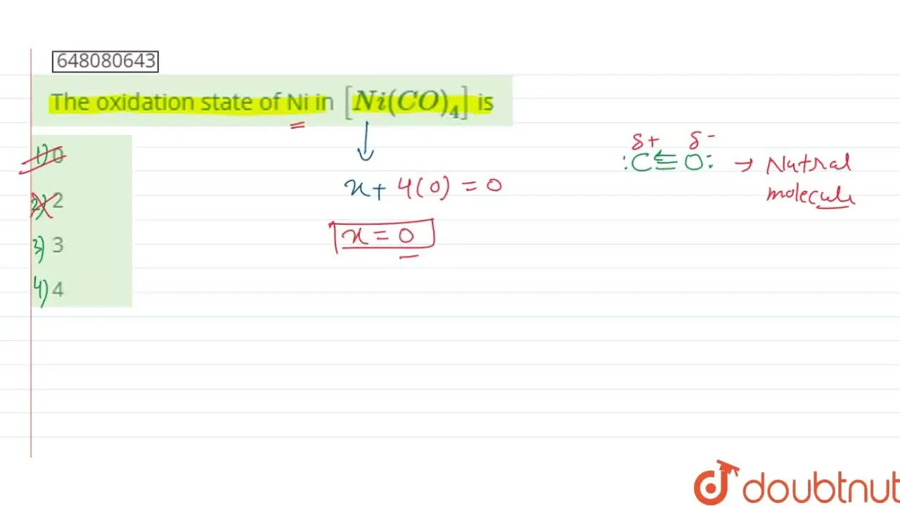 The oxidation state of Ni in [Ni(CO)4] is
