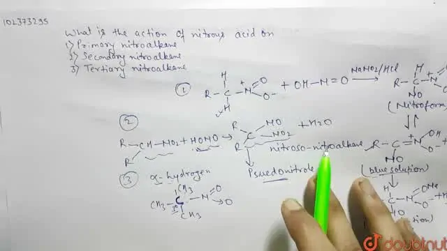What is the action of nitrous acid on : (a) Primary nitroalkane (b