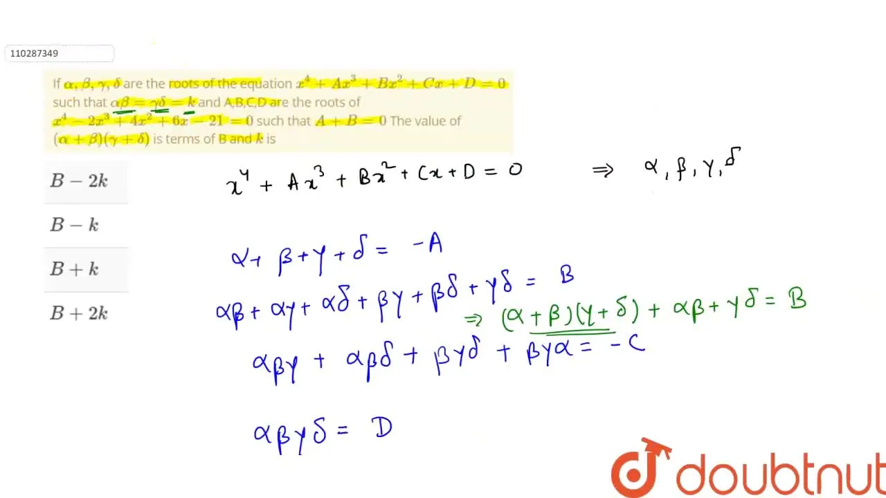 If alpha, beta, gamma, delta are the roots of the equation x^(4)+Ax^(3