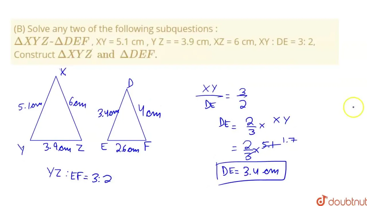 (B) Solve any two of the following subquestions : Delta XYZ ~ Delta
