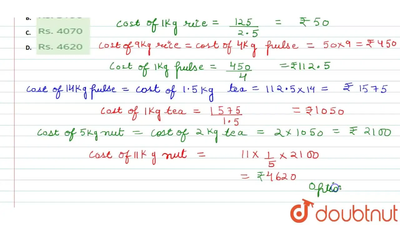 The cost of 2.5 kg rice is Rs. 125. The cost of 9 kg rice is equal to