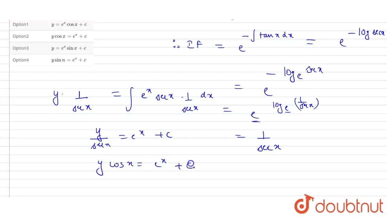 The solution of the differential equation (dy)/(dx)-y tan x=e^(x)sec x