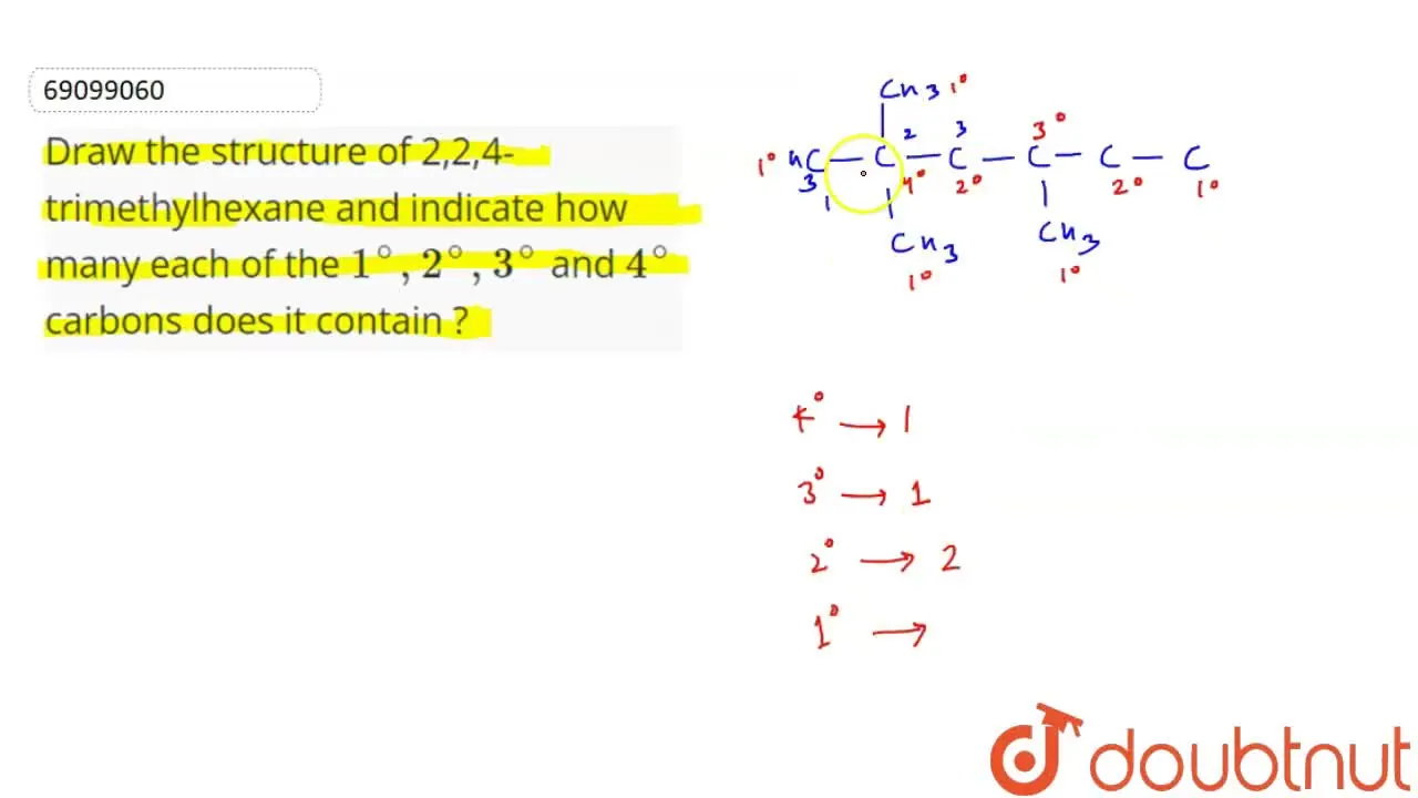 Draw the structure of 2,2,4-trimethylhexane and indicate how many each