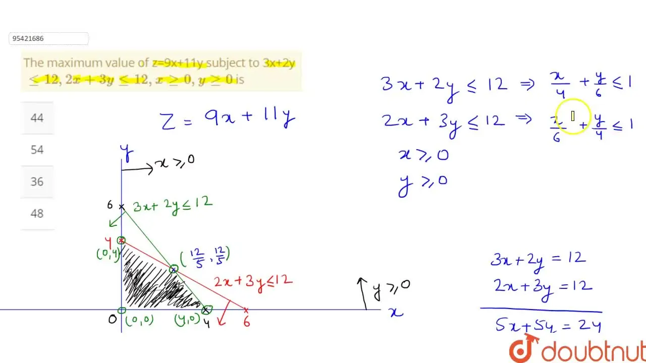 The maximum value of z=9x+11y subject to 3x+2yle12,2x+3yle12,xge0,yge0