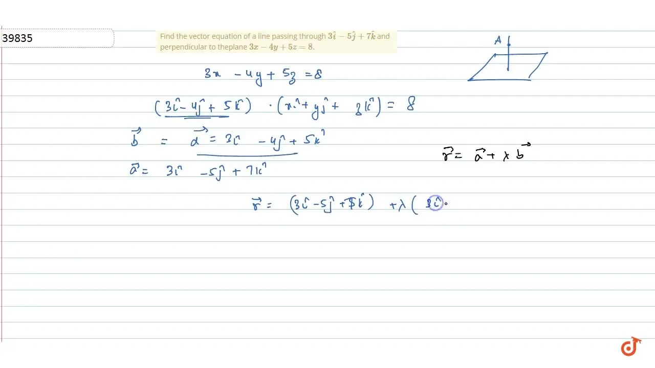 Find the vector equation of a line passing through 3 hat i-5 hat j+7