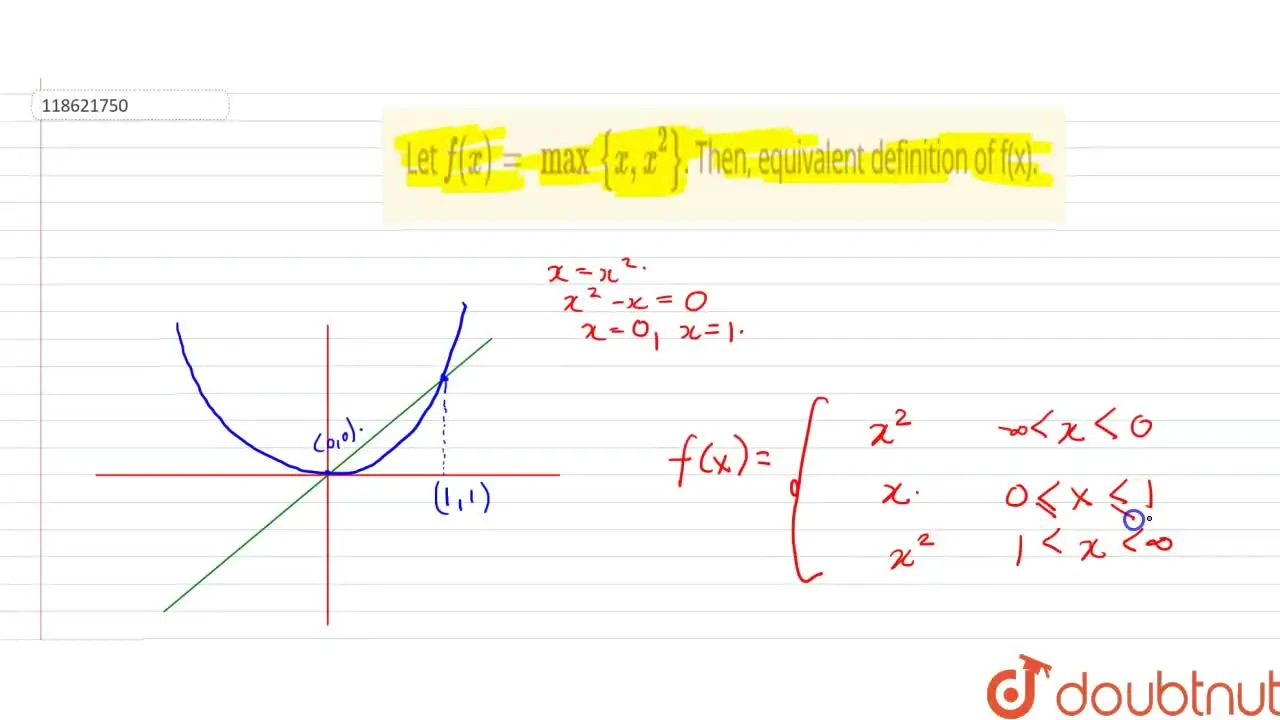 Let f(x)=max{x,x^(2)}. Then, equivalent definition of f(x).