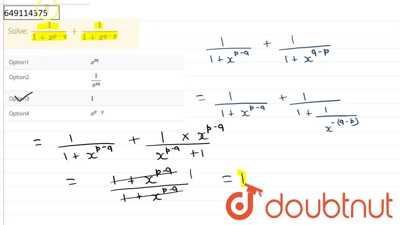 Solve: 1/(1+x^(p-q))+1/(1+x^(q-p))