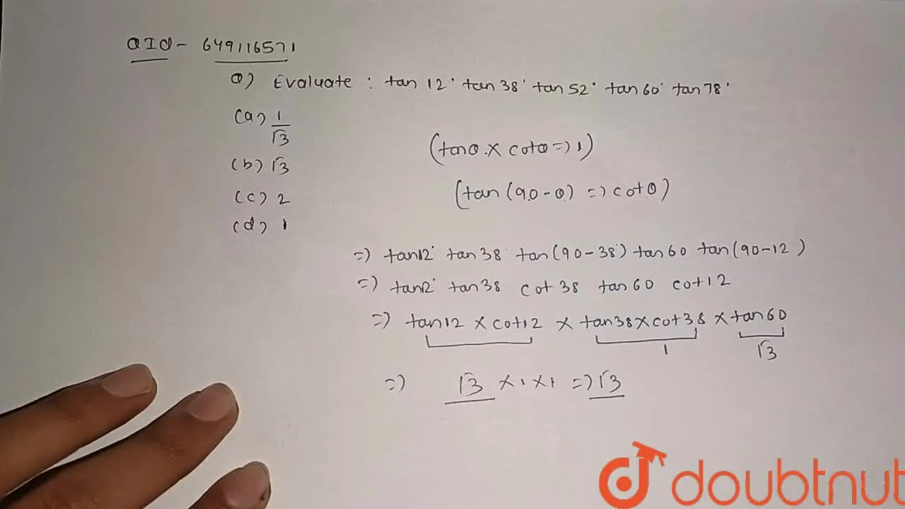 Evaluate : tan 12^@ tan 38^@ tan 52^@ tan 60^@ tan 78^@