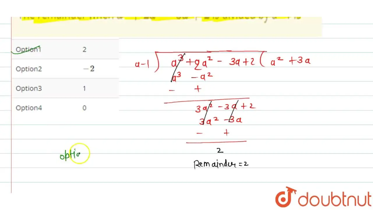 The remainder when a^(3) + 2a^(2) - 3a + 2 is divided by a - 1 is