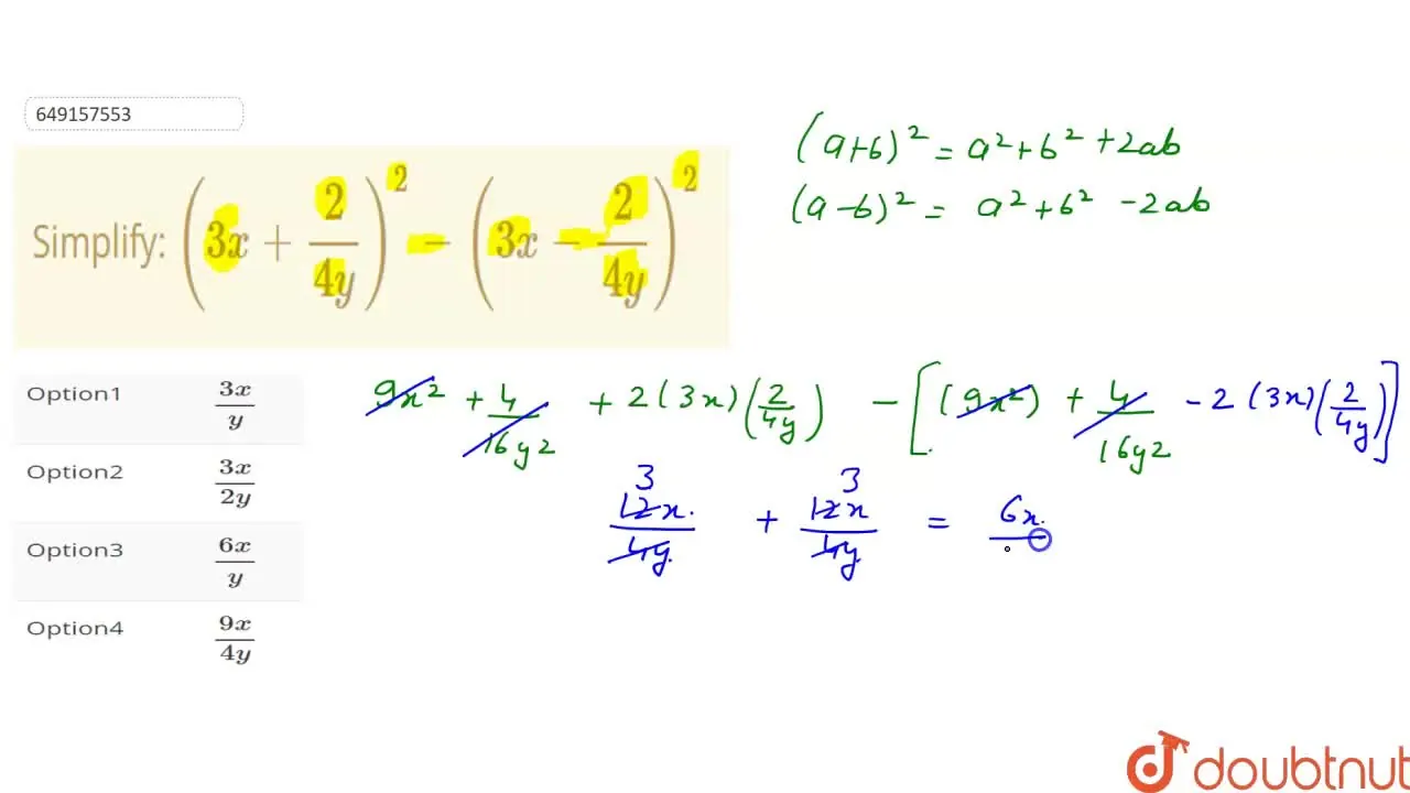 Simplify: (3x + 2/(4y))^(2) -(3x -2/(4y))^(2)