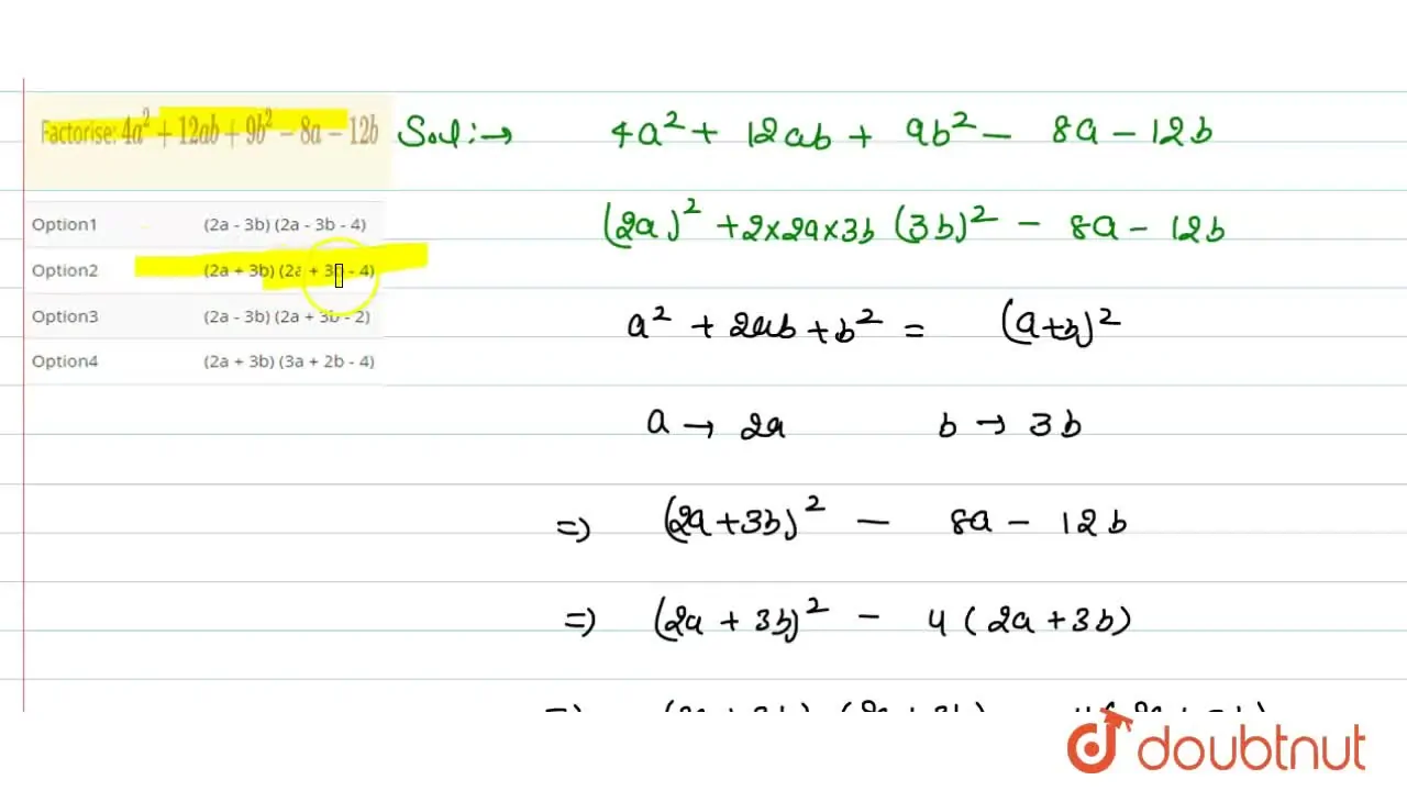 Factorise: 4a^2 + 12ab + 9b^2 - 8a - 12b