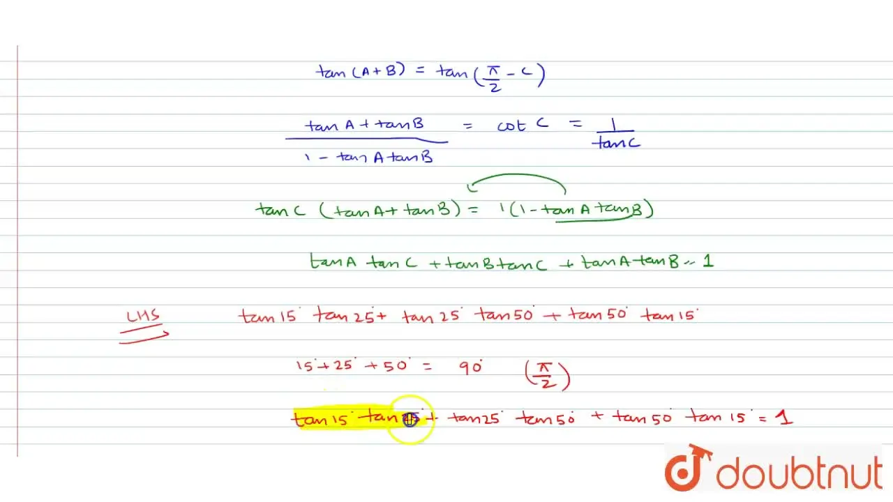 Prove that : tan15^@.tan25^@+tan25^@.tan50^@+tan50^@.tan15^@=1.