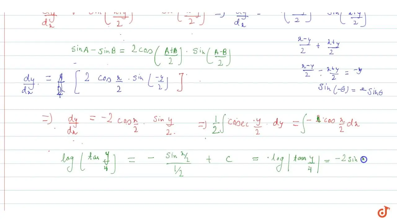 The general solution of the differential equation (dy)/(dx)+sin(x+y)/2