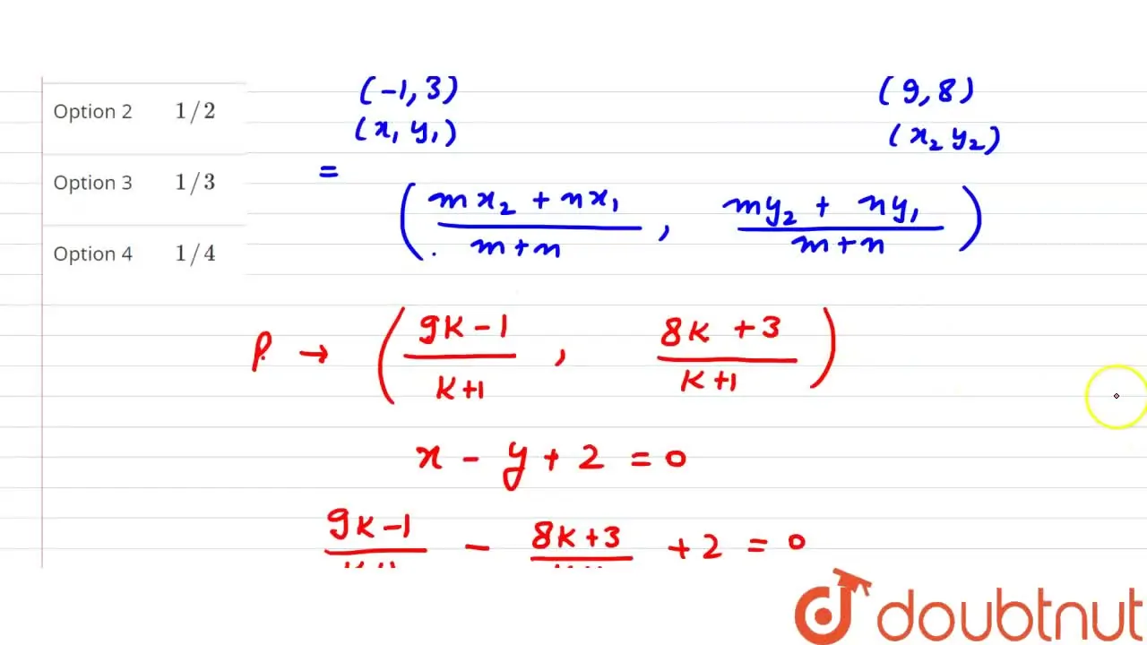 Point P divides the line segment joining R(-1, 3) and S(9,8) in ratio