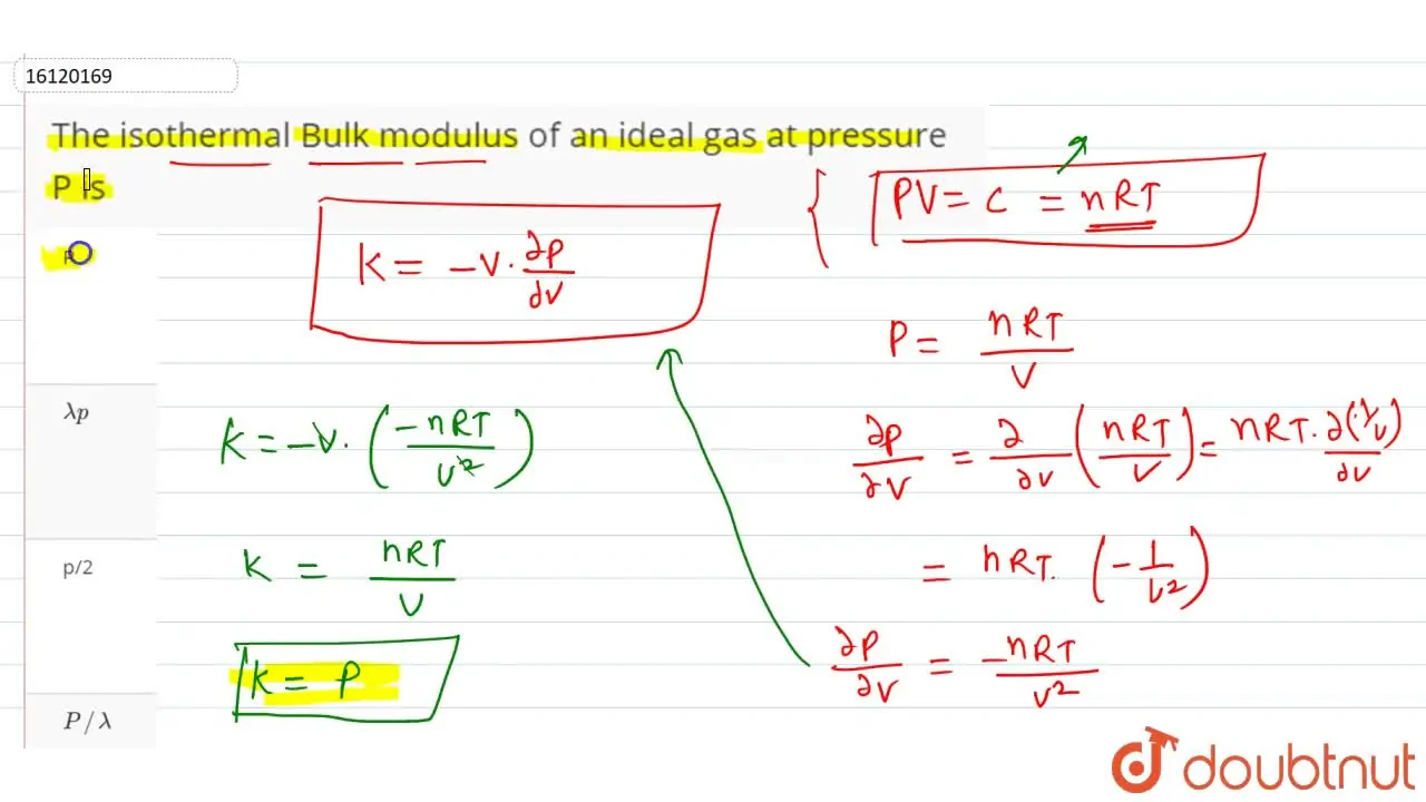 The isothermal Bulk modulus of an ideal gas at pressure P is