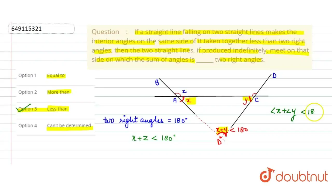 If a straight line falling on two straight lines makes the interior an