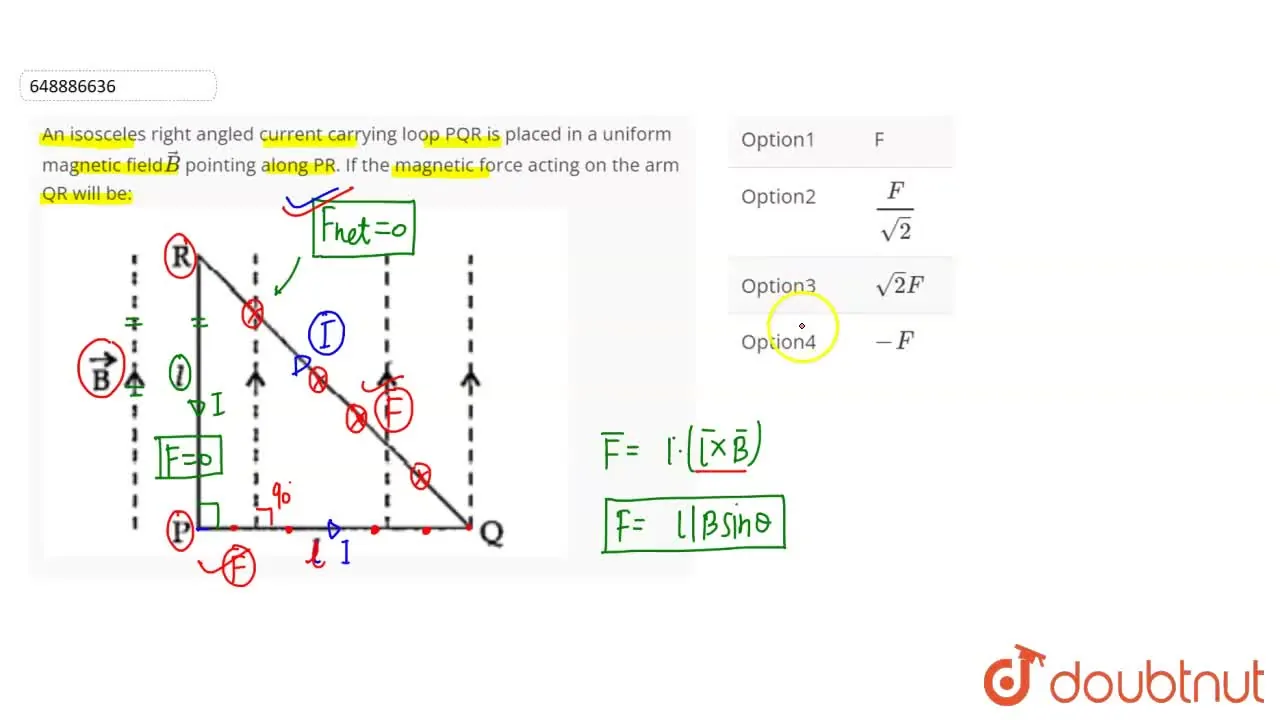An isosceles right angled current carrying loop PQR is placed in a uni