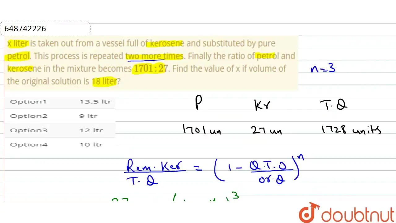x liter is taken out from a vessel full of kerosene and substituted by